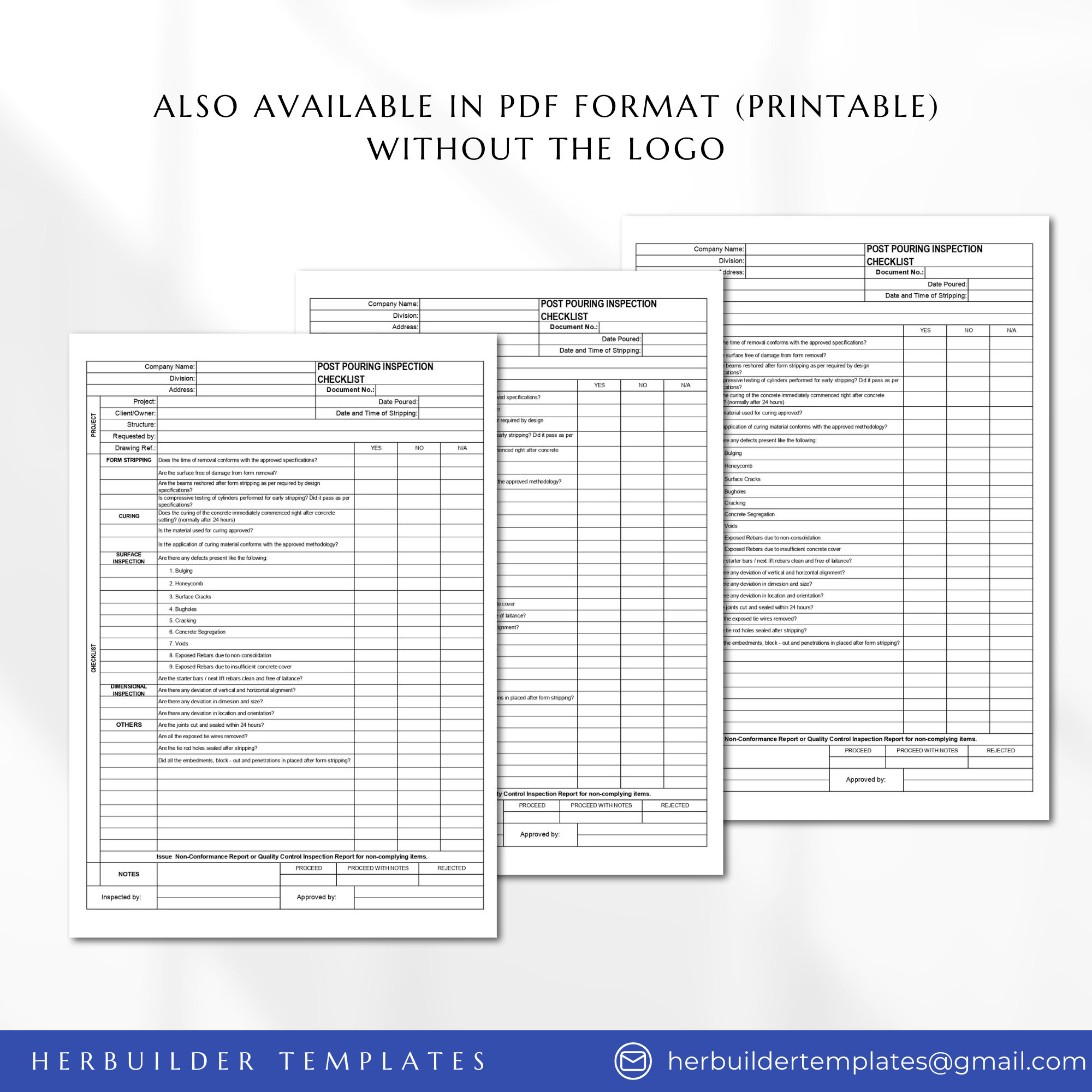 Post Pouring Inspection Checklist, Concrete Pouring Checklist, Quality ...