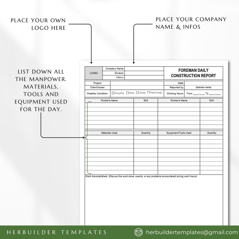 Foreman Daily Construction Report Form, Daily Site Report, Daily ...