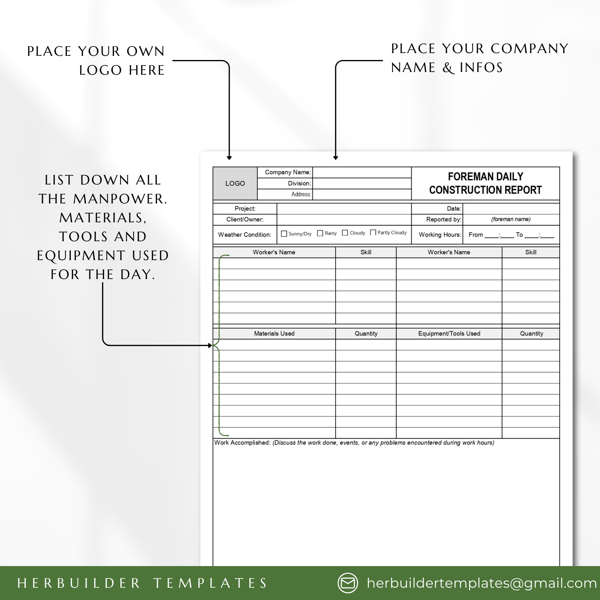 Foreman Daily Construction Report Form, Daily Site Report, Daily ...