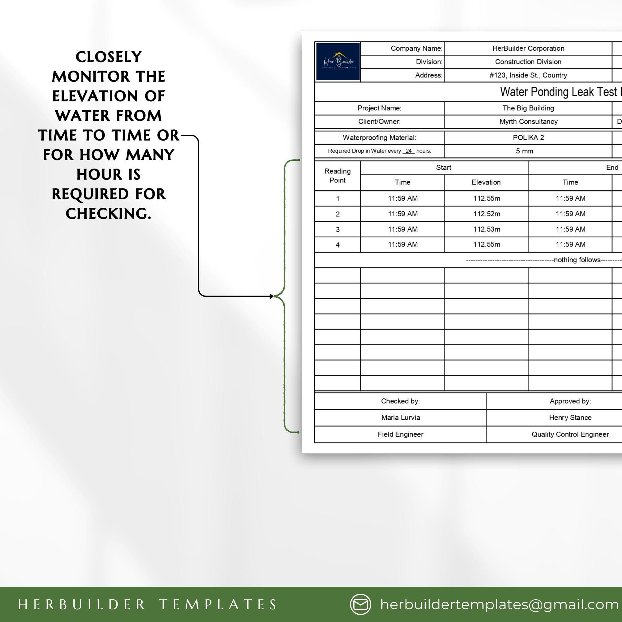 Water Ponding Leak Test Form, Leak Test Form, Water Tank Leak Test ...