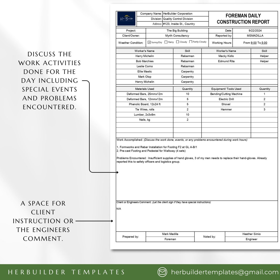 Foreman Daily Construction Report Form, Daily Site Report, Daily ...
