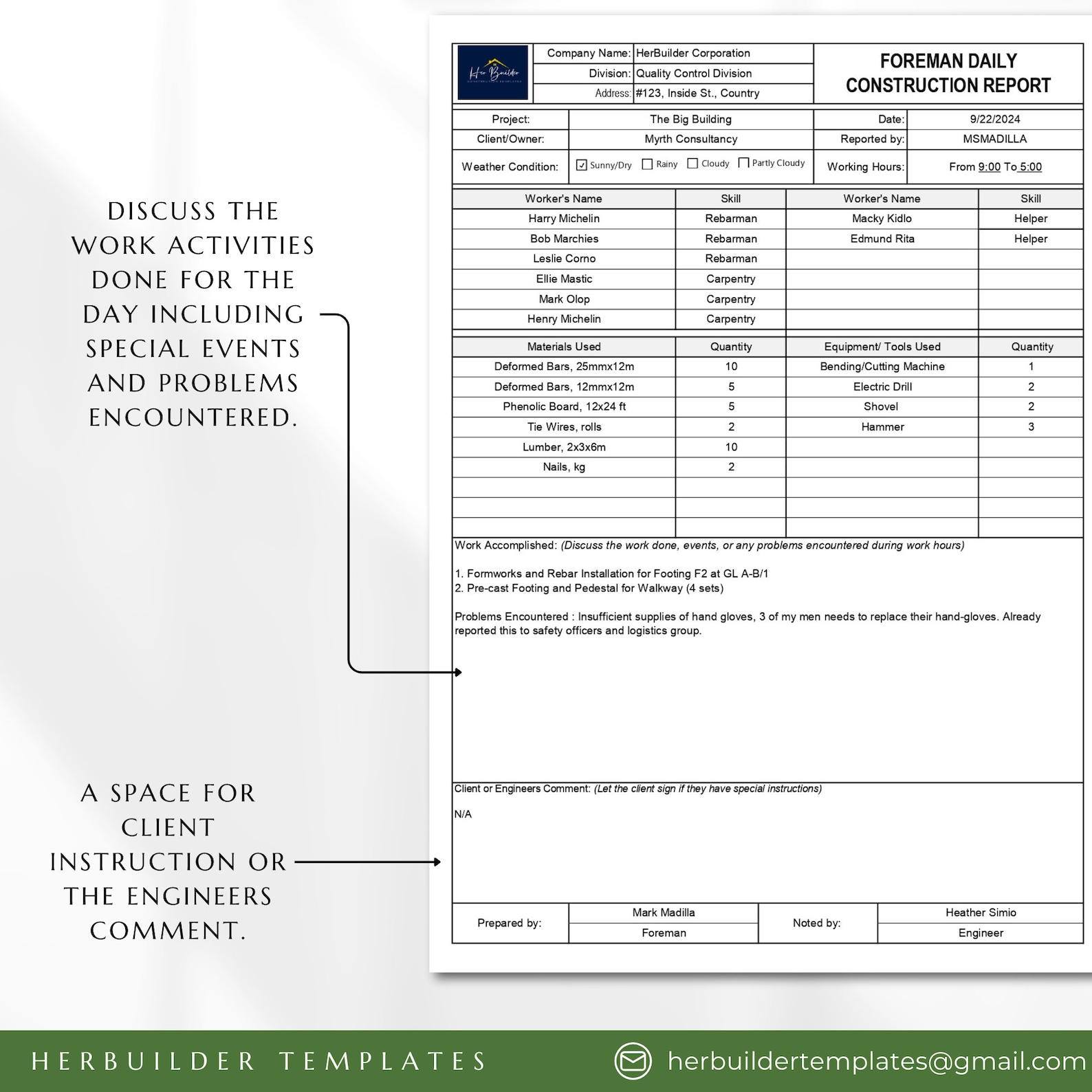 Foreman Daily Construction Report Form, Daily Site Report, Daily ...