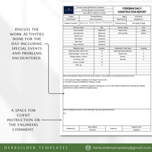 Foreman Daily Construction Report Form, Daily Site Report, Daily ...