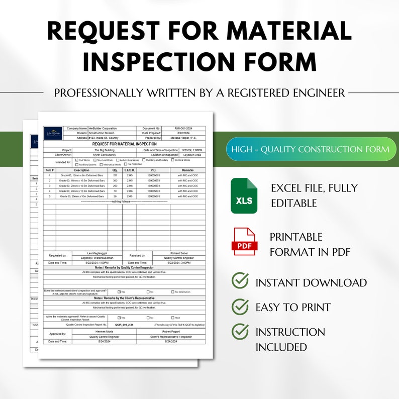 Request for Material Inspection, Inspection of Delivered Materials, Material Inspection Report ...
