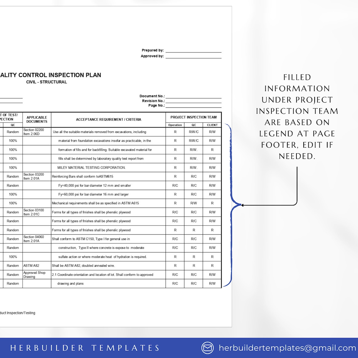Quality Control Inspection Plan Template for Civil and Structural Works ...
