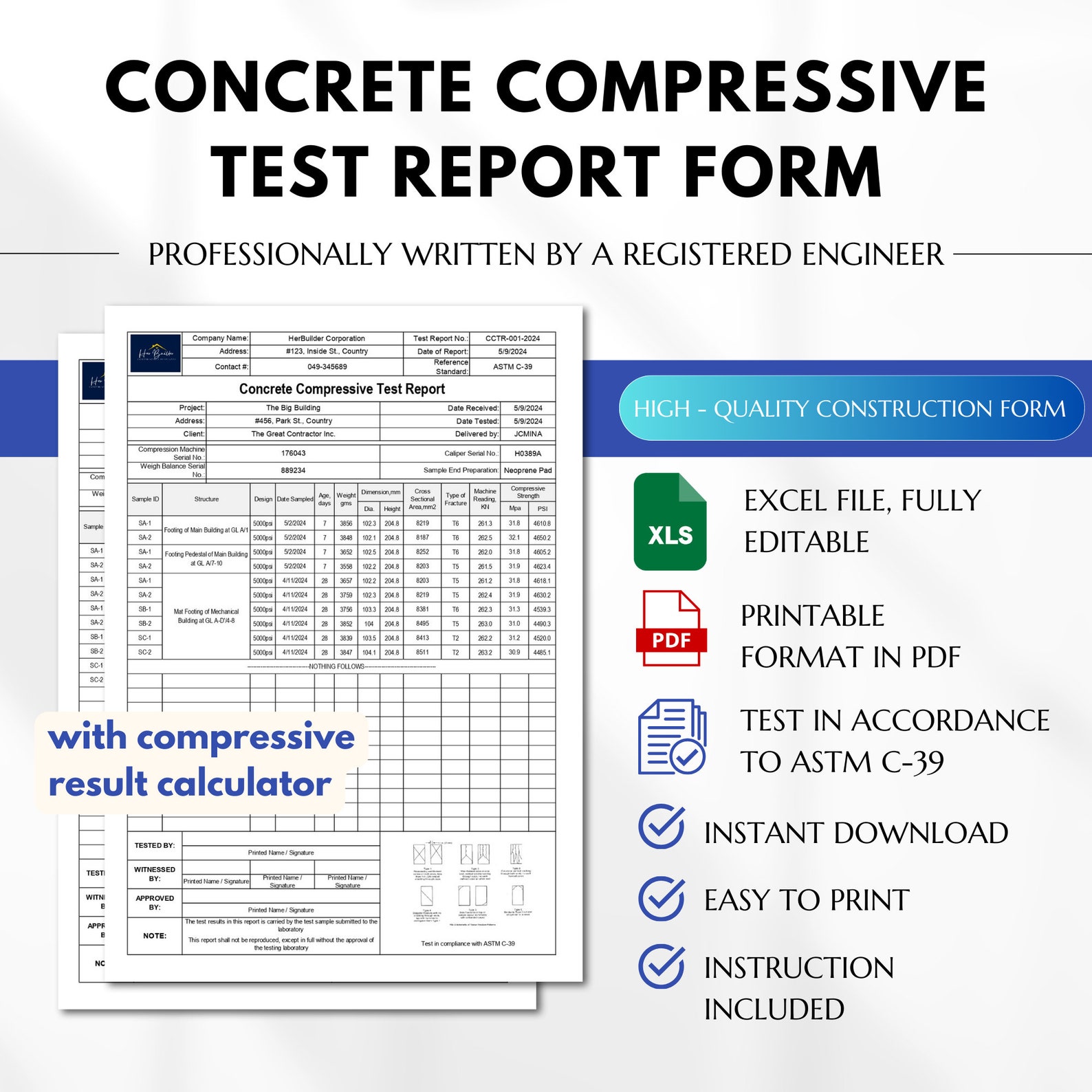 Concrete Compressive Test Report Form, Concrete Test Evaluation Report ...
