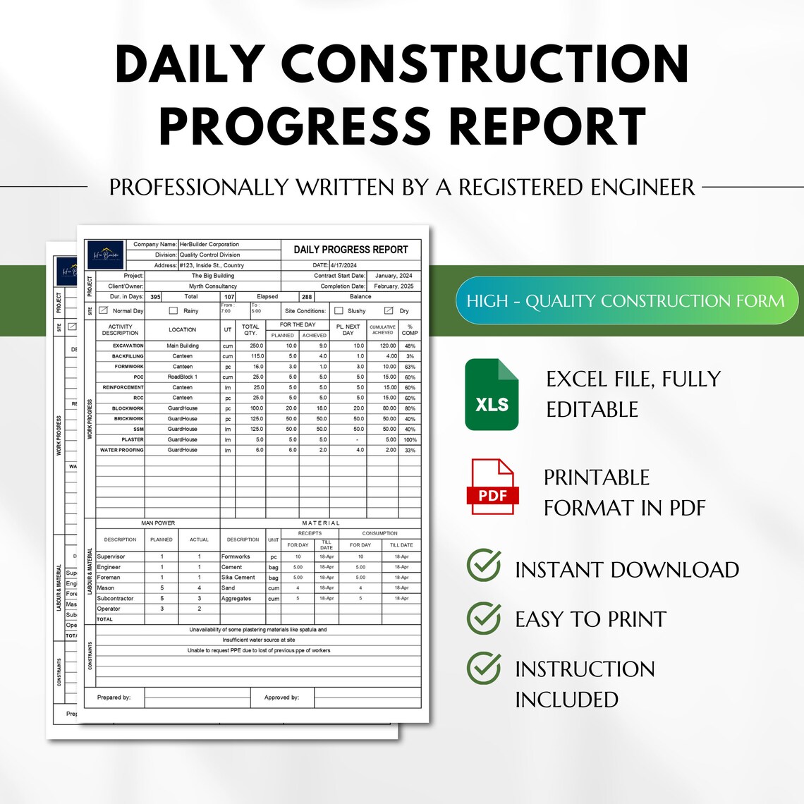 Construction Daily Progress Report Form, Daily Construction Work Construction Form, Building ...