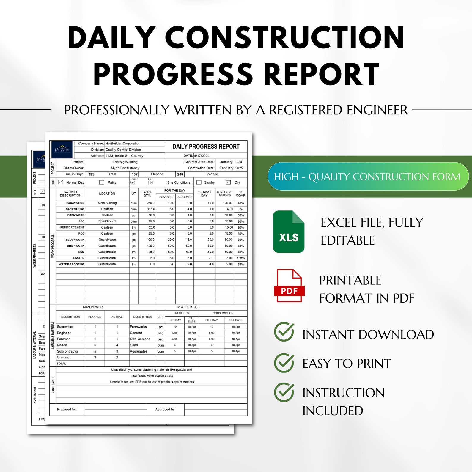 Construction Daily Progress Report Form, Daily Construction Work ...
