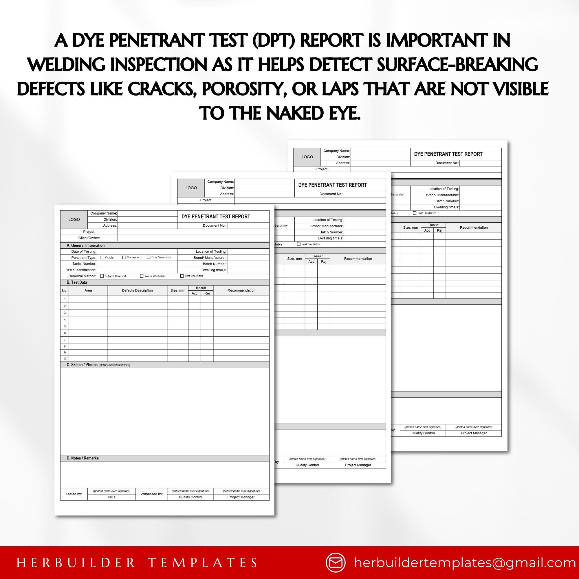 Dye Penetrant Test Report Form, Liquid Penetrant Test Report, Weld Test ...