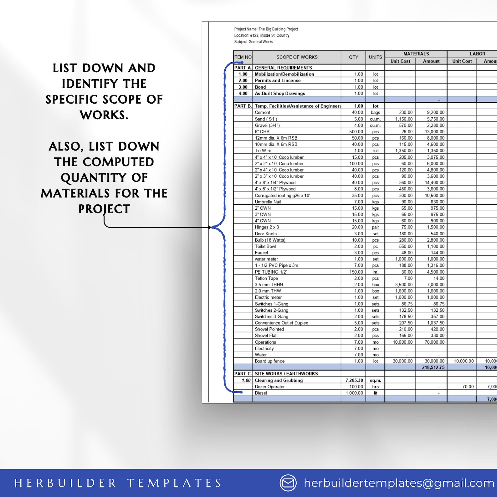 Bill of Quantities Template, Construction Cost Estimate, Cost Estimate ...
