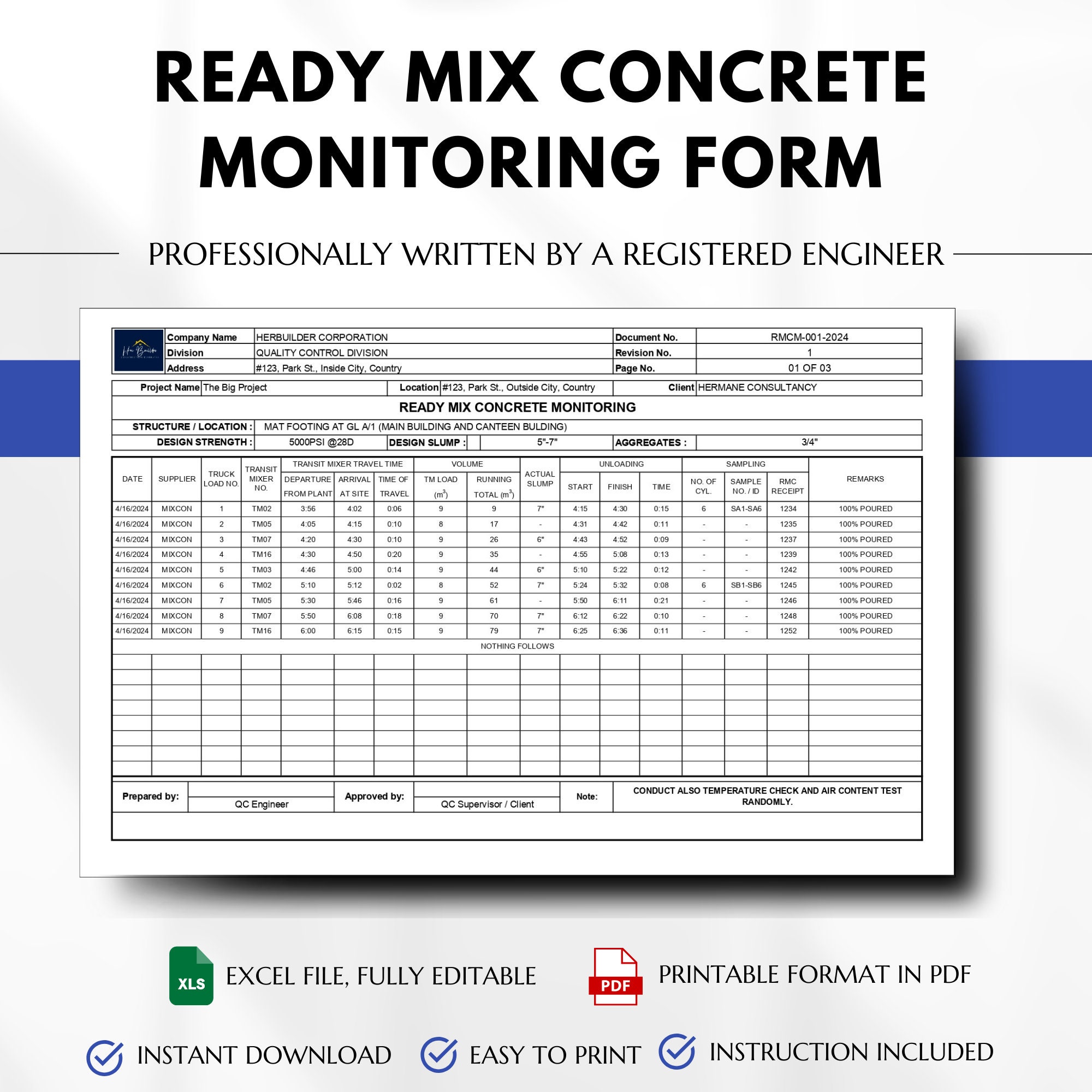 Ready Mix Concrete Monitoring Form, Concrete Pouring Monitoring Log ...