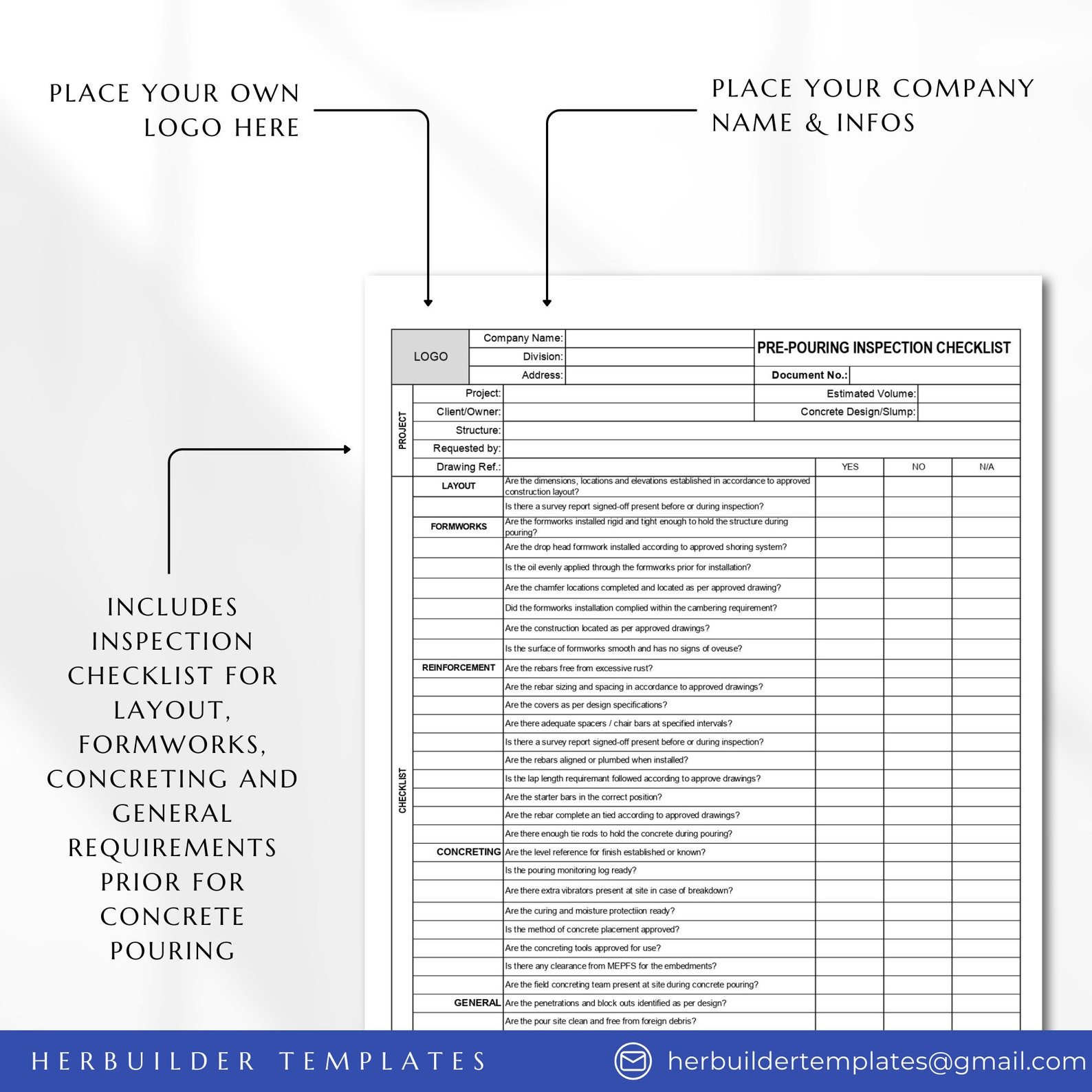 Pre-pouring Inspection Checklist Form, Pre-concreting Checklist ...