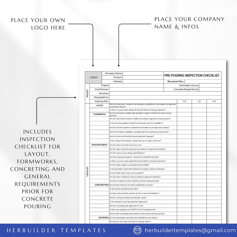 Pre-pouring Inspection Checklist Form, Pre-concreting Checklist ...