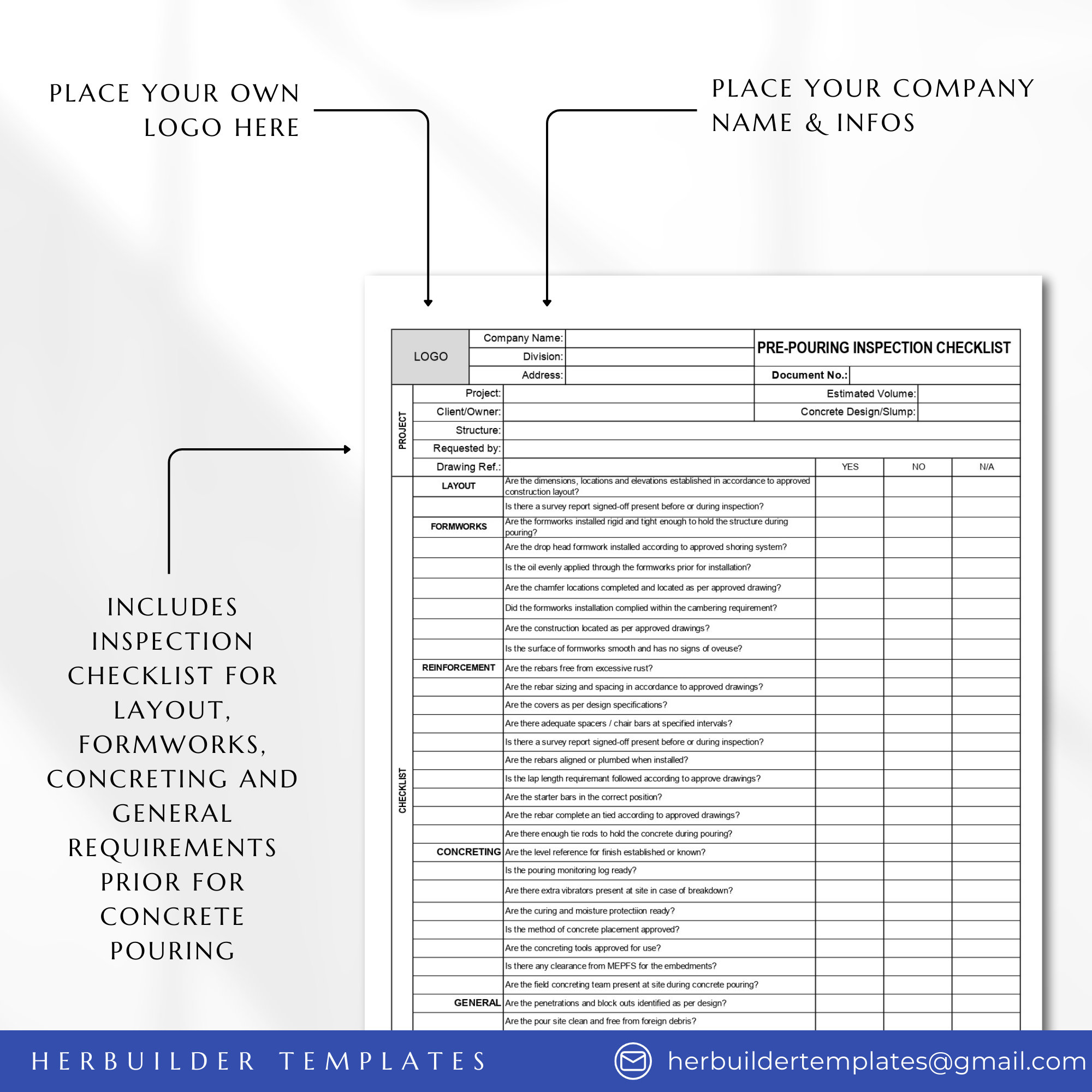 Pre-pouring Inspection Checklist Form, Pre-concreting Checklist ...