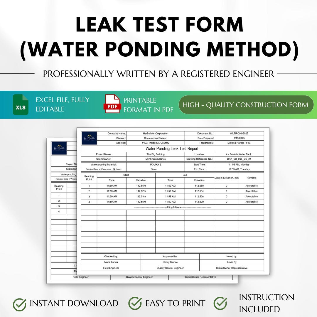 Water Ponding Leak Test Form, Leak Test Form, Water Tank Leak Test ...