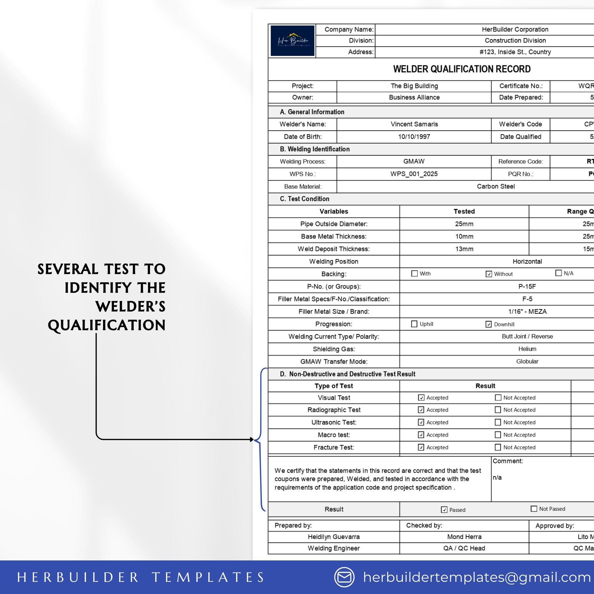 Welder Qualification Record Form, Welder's Test Record, Welder's ...