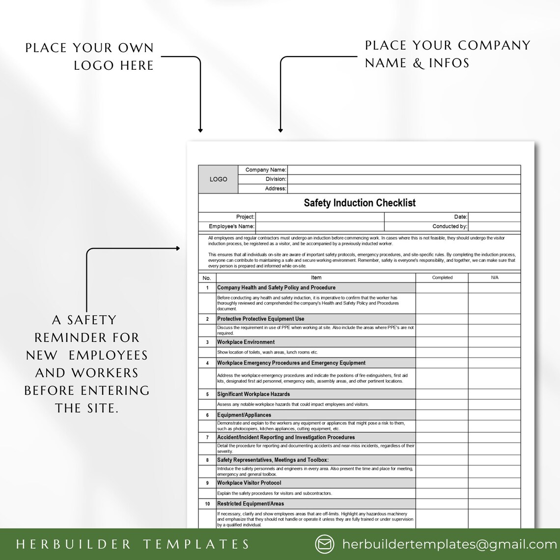 Construction Safety Induction Checklist, Safety Orientation Form ...