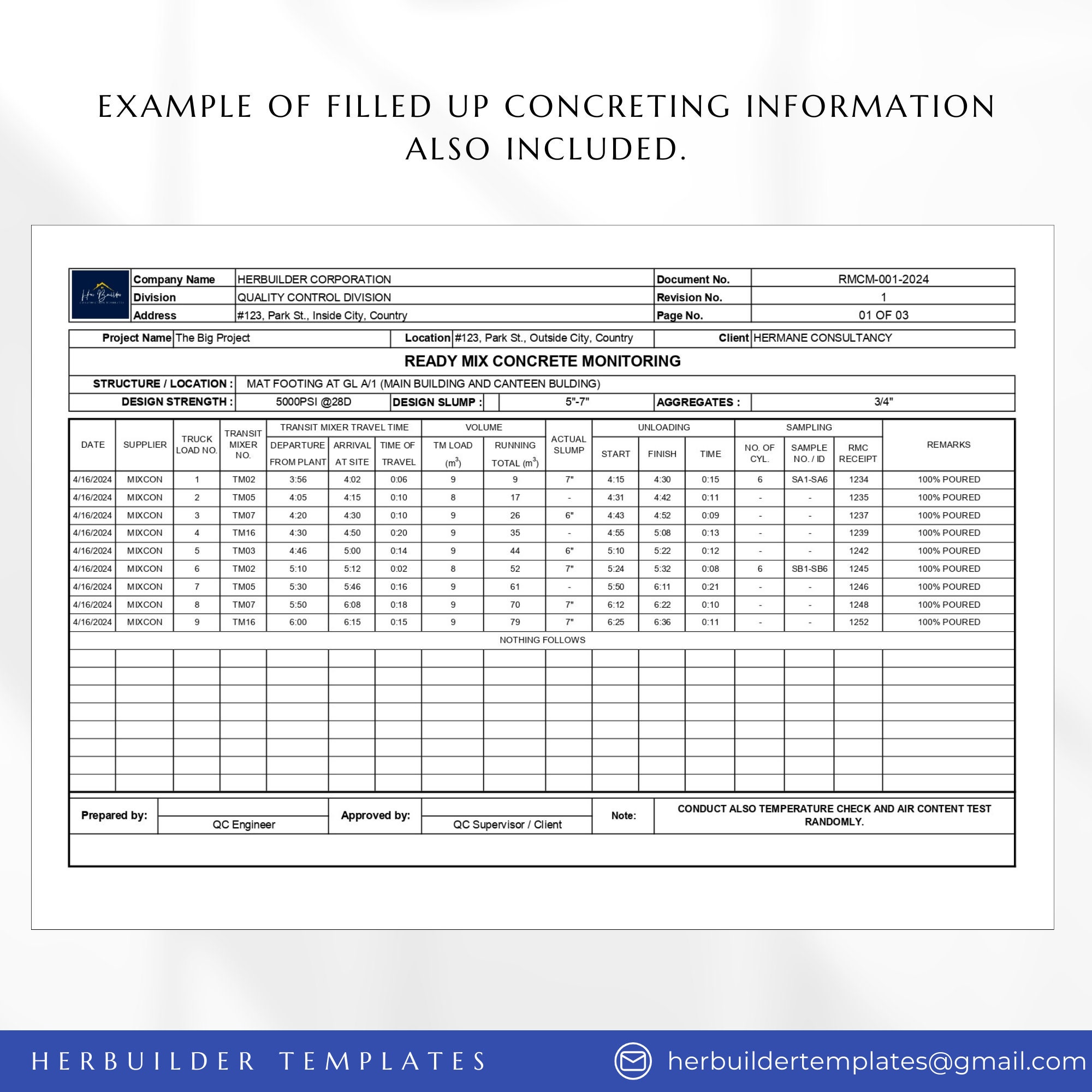 Ready Mix Concrete Monitoring Form, Concrete Pouring Monitoring Log ...