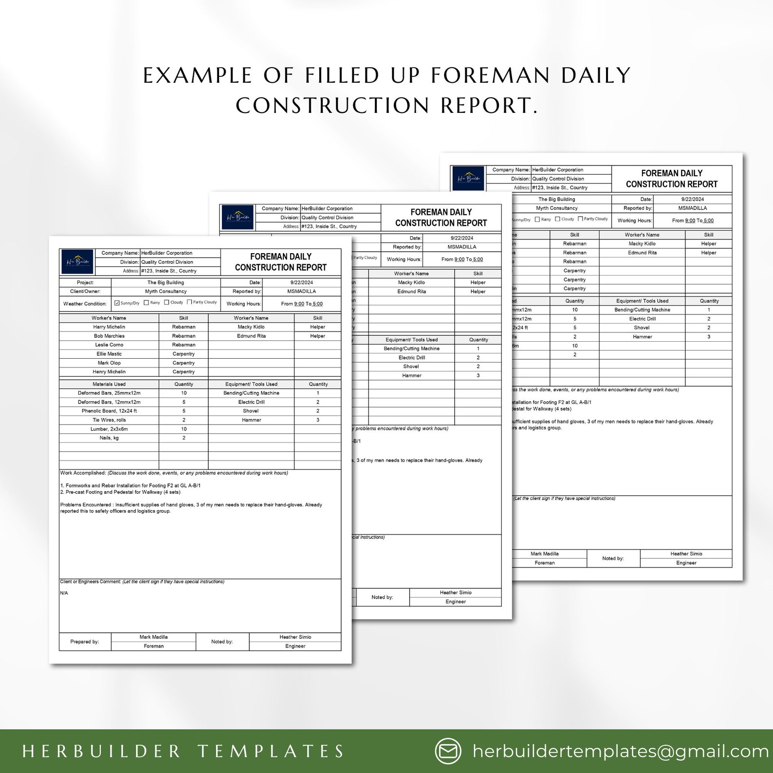 Foreman Daily Construction Report Form, Daily Site Report, Daily ...