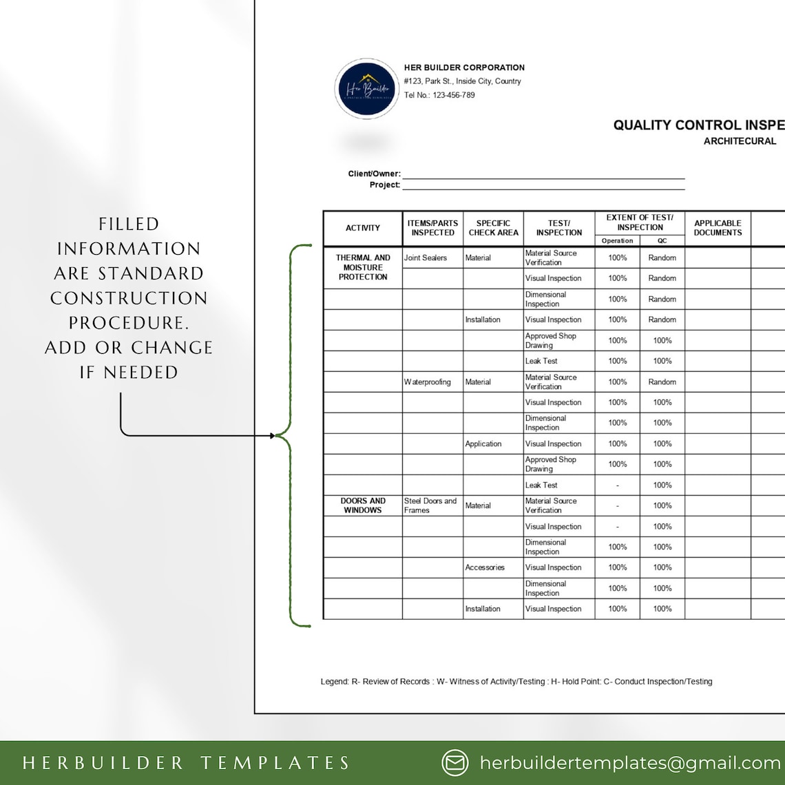 Quality Control Inspection Plan Template for Architectural Works ...