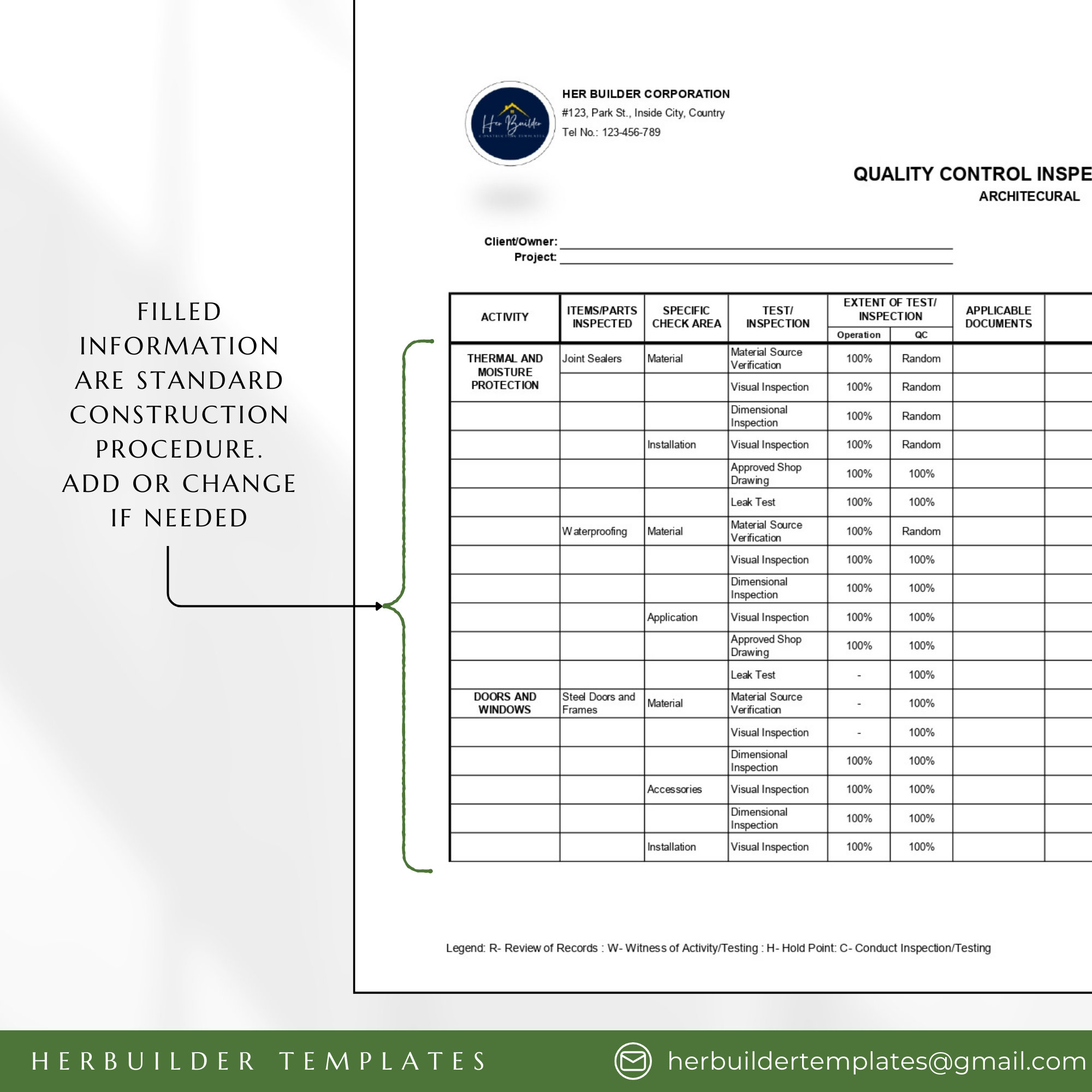Quality Control Inspection Plan Template for Architectural Works ...