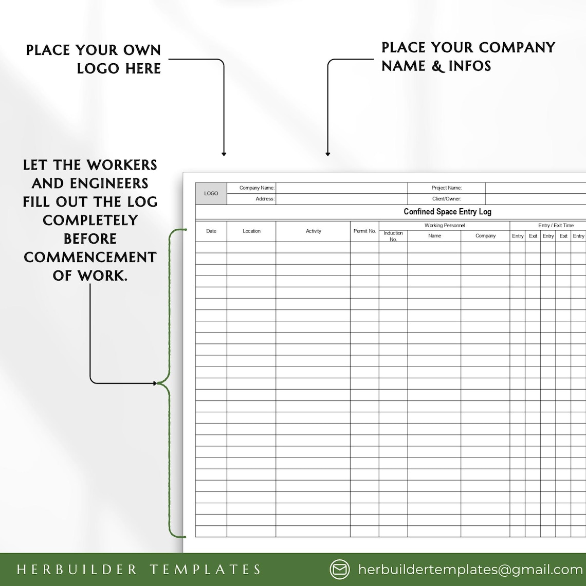 Confined Space Entry Log, Confine Space Entry Register, Log-in and Out ...