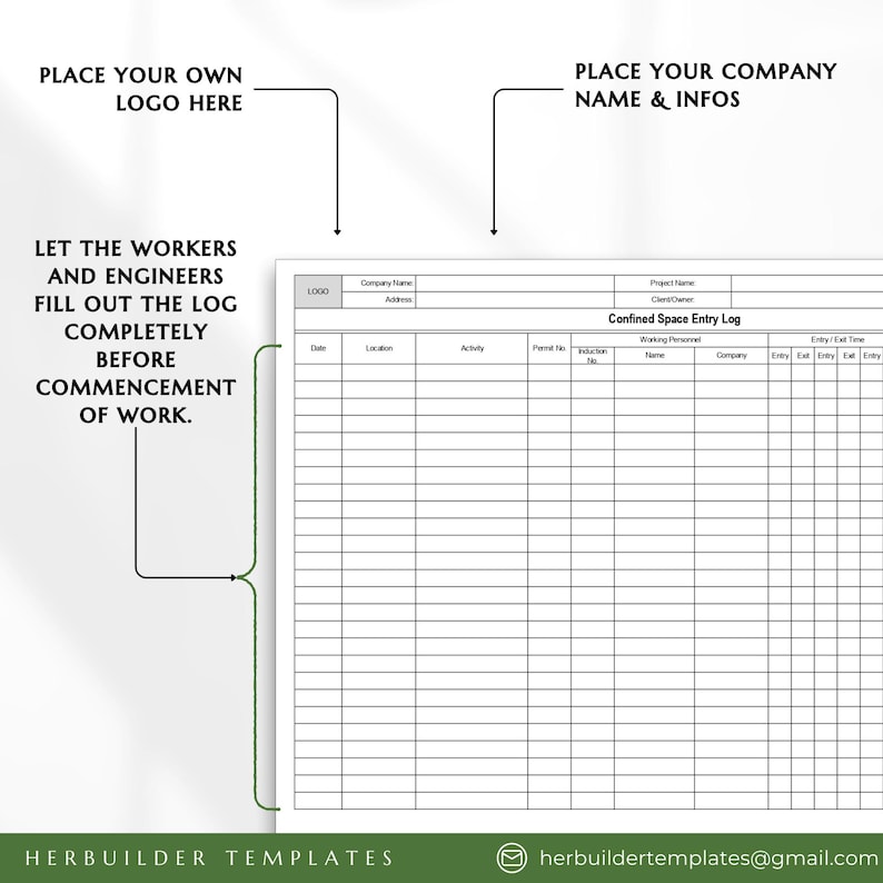 Confined Space Entry Log, Confine Space Entry Register, Log-in and Out ...
