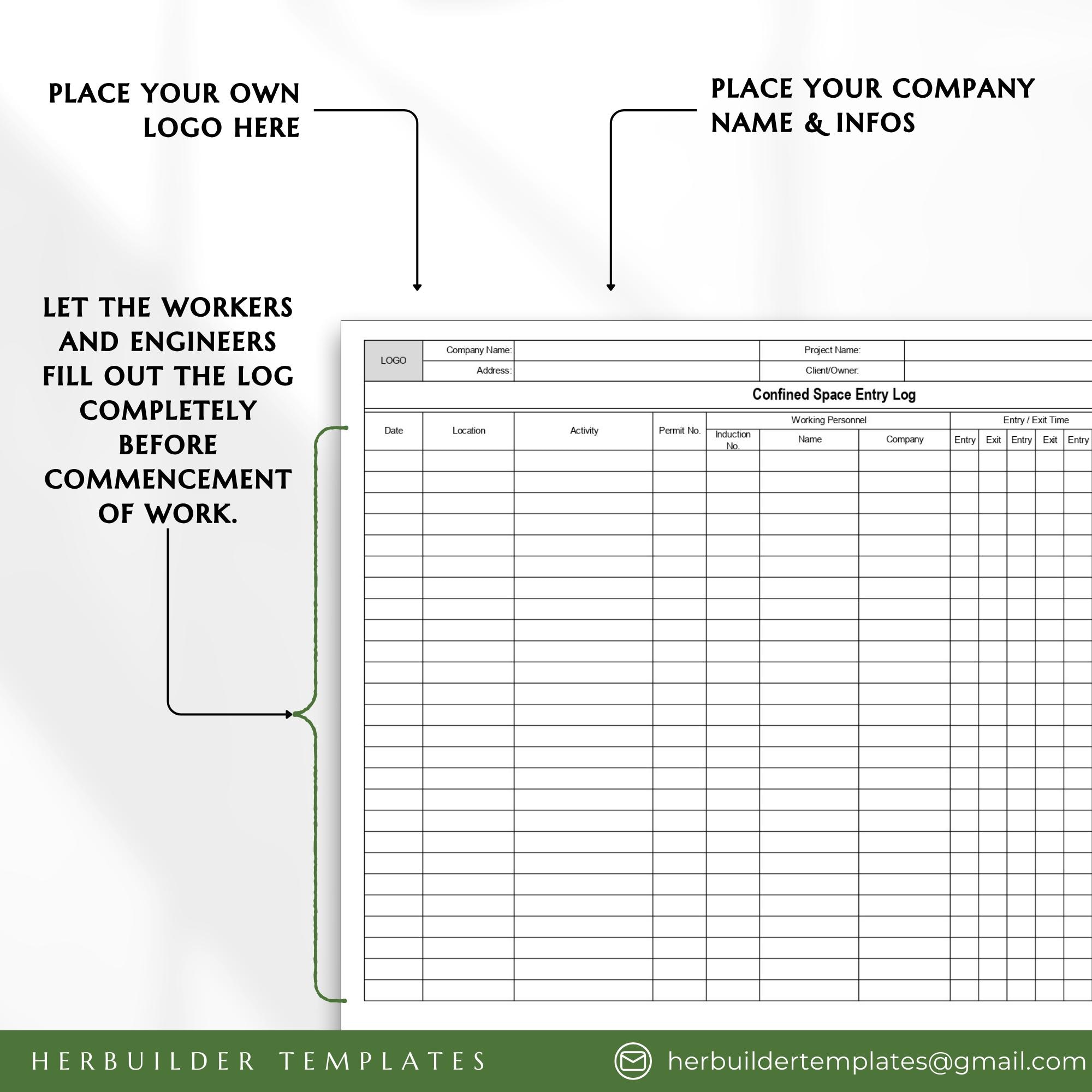 Confined Space Entry Log, Confine Space Entry Register, Log-in and Out ...