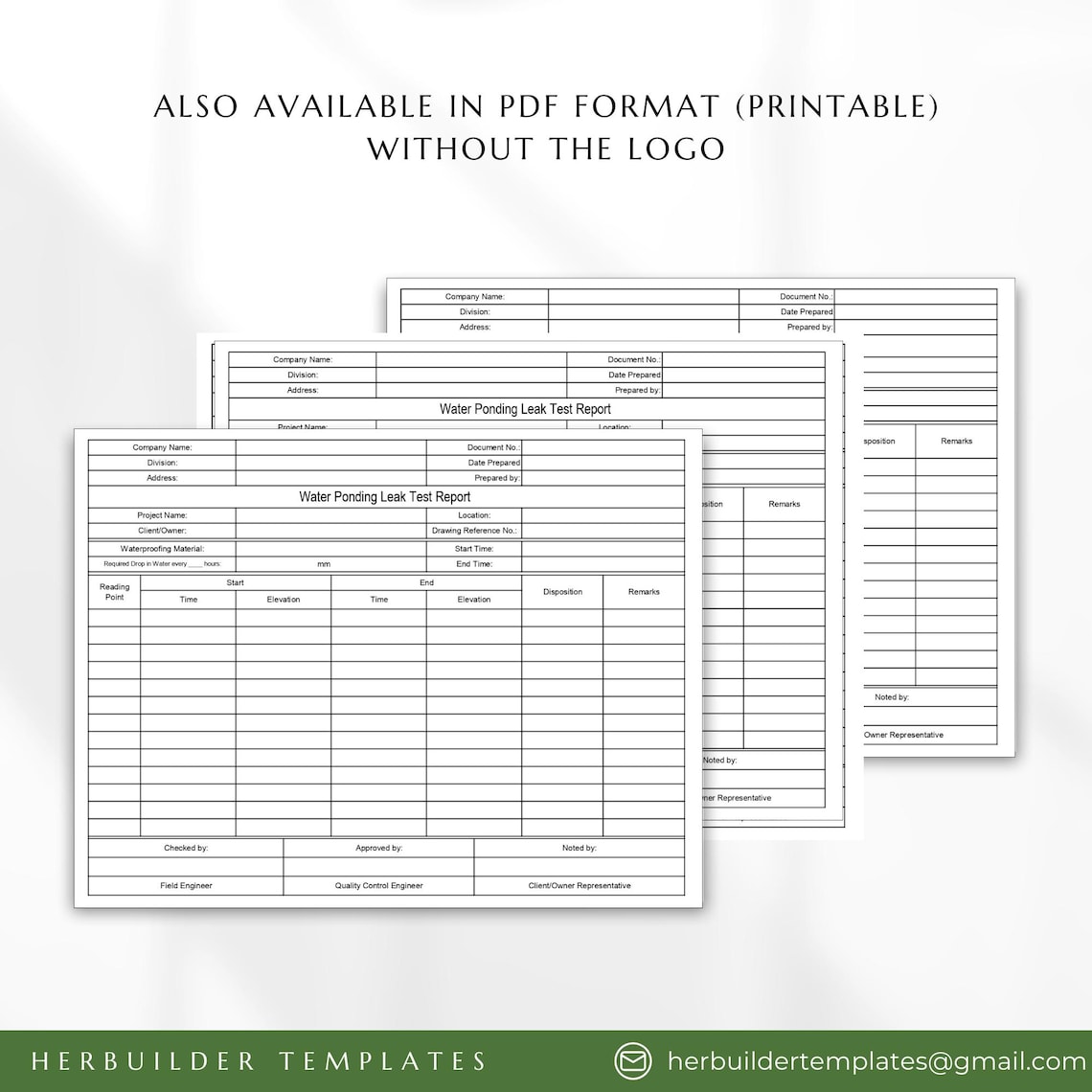 Water Ponding Leak Test Form, Leak Test Form, Water Tank Leak Test ...