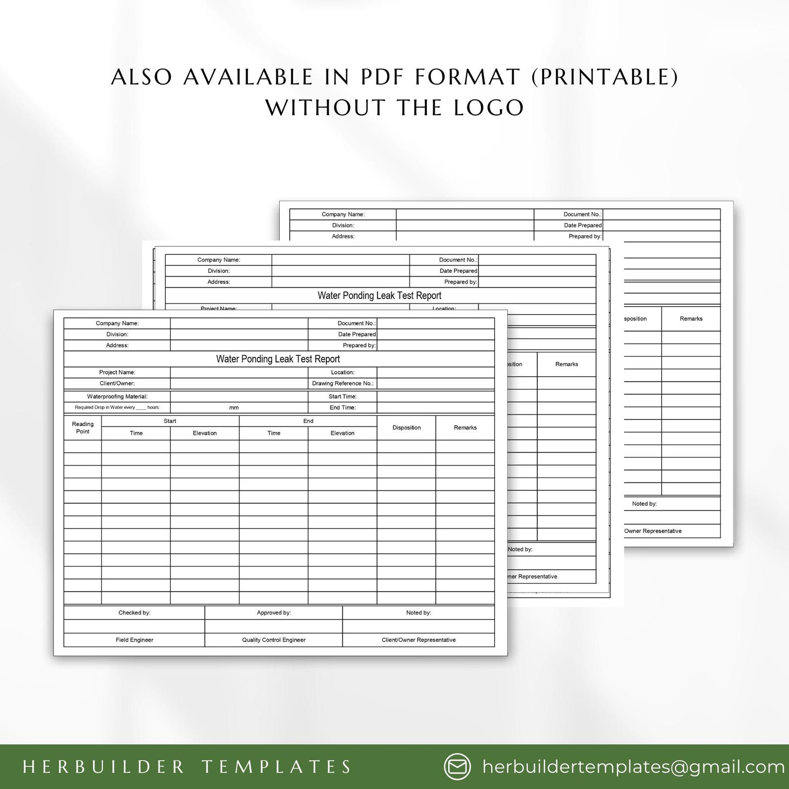Water Ponding Leak Test Form, Leak Test Form, Water Tank Leak Test ...