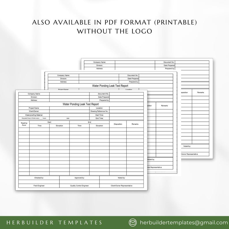 Water Ponding Leak Test Form, Leak Test Form, Water Tank Leak Test ...