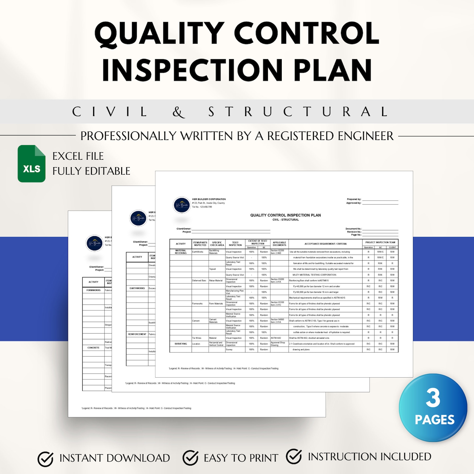 Quality Control Inspection Plan Template for Civil and Structural Works ...
