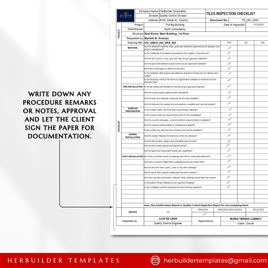 Tiles Inspection Checklist Form, Tiles Installation Inspection, Quality ...