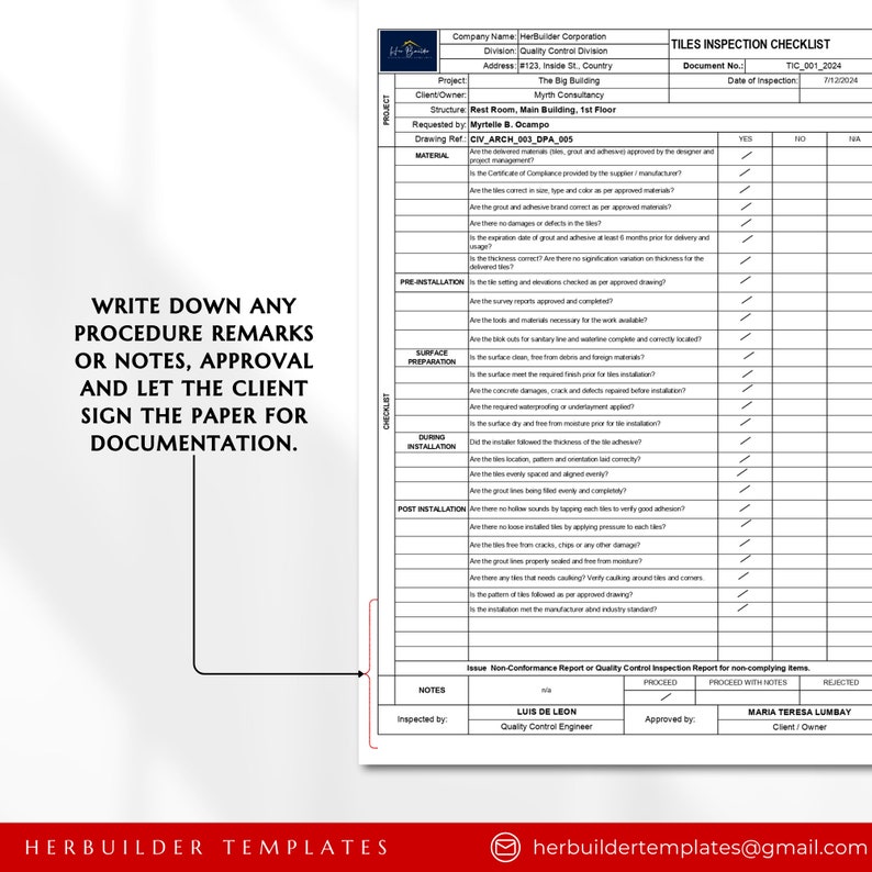Tiles Inspection Checklist Form, Tiles Installation Inspection, Quality ...