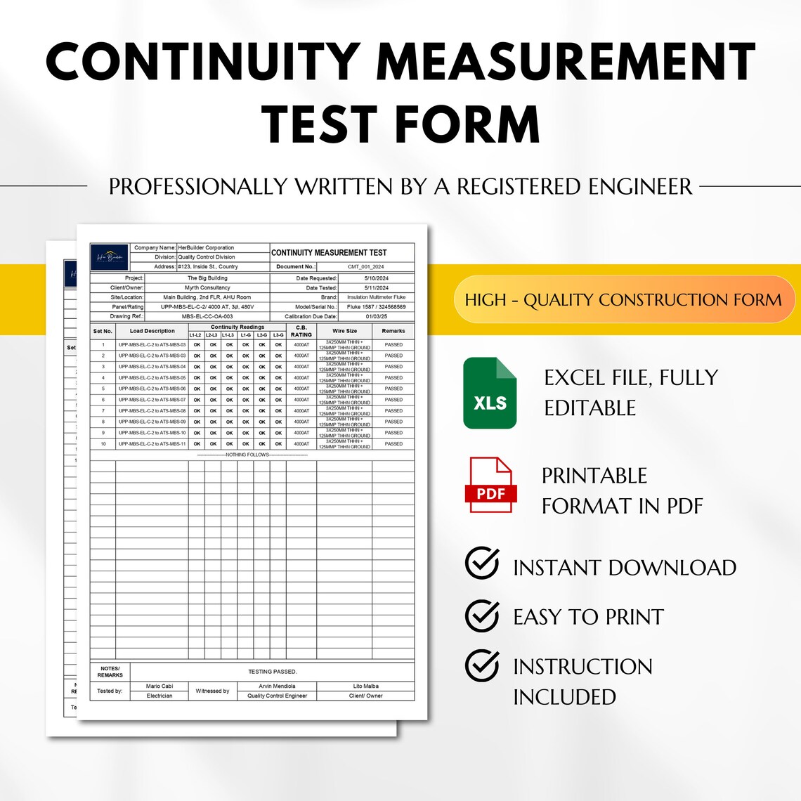 Continuity Test Form, Electrical Testing Template, Testing and ...