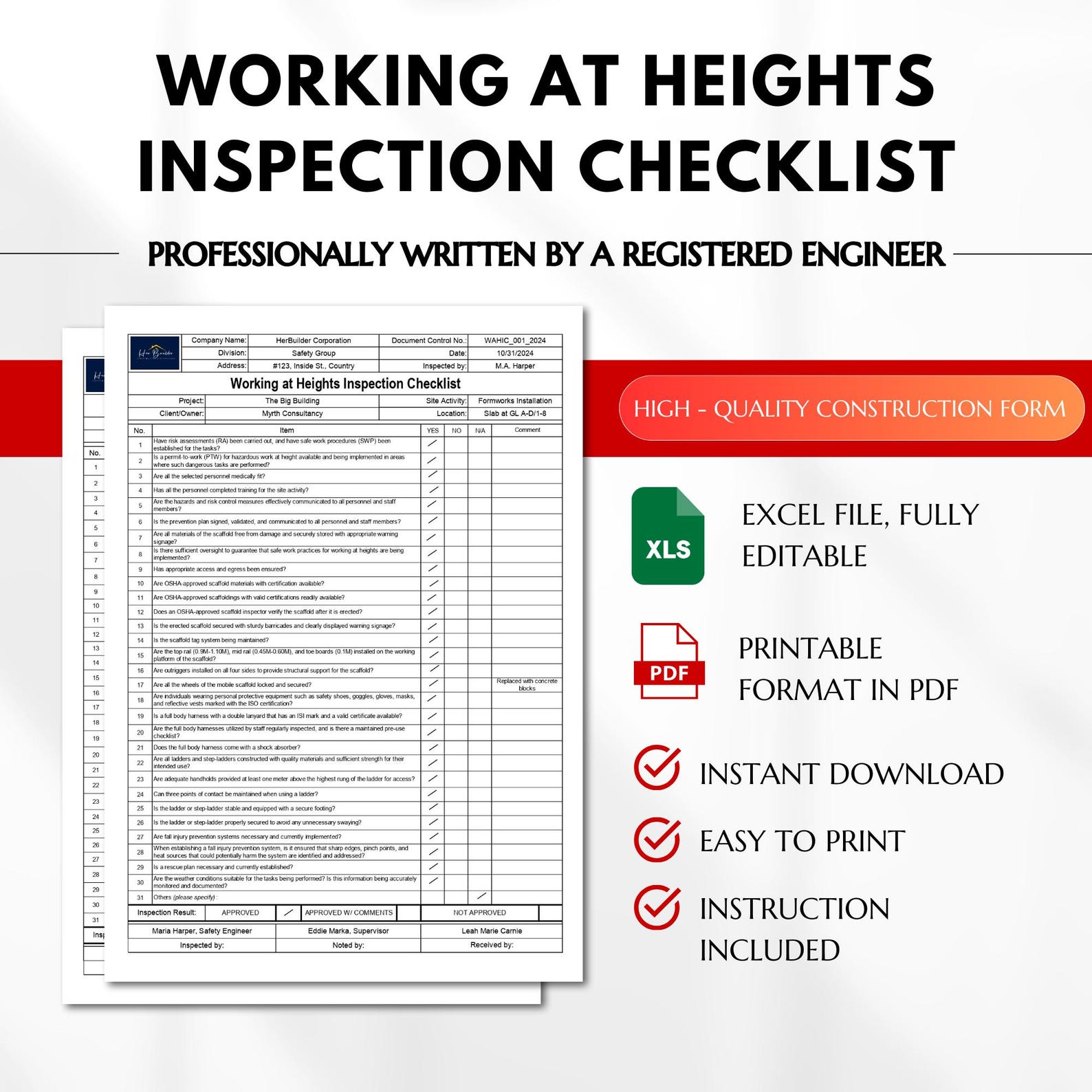 Working at Heights Inspection Checklist for Construction, Safety at ...