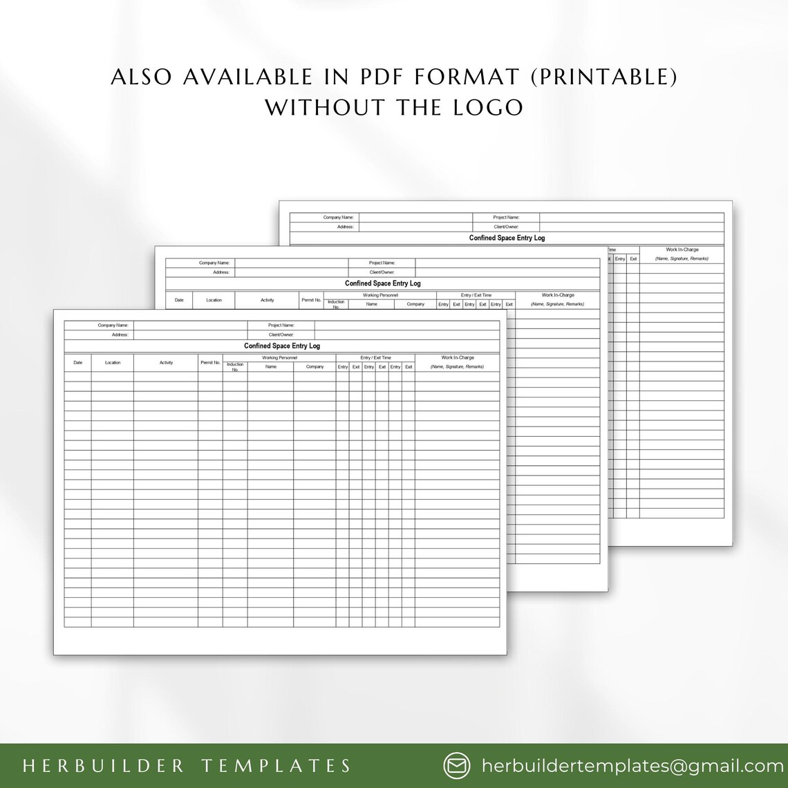 Confined Space Entry Log, Confine Space Entry Register, Log-in and Out ...