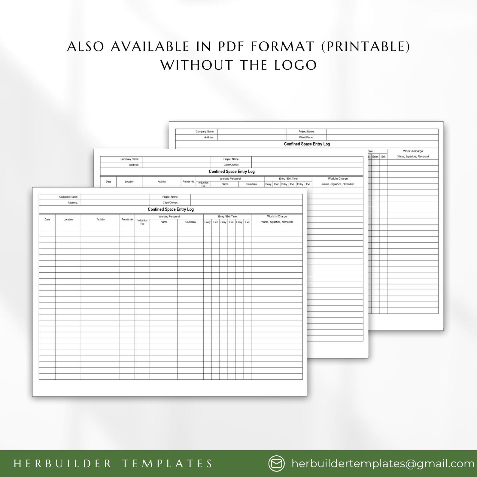 Confined Space Entry Log, Confine Space Entry Register, Log-in and Out ...