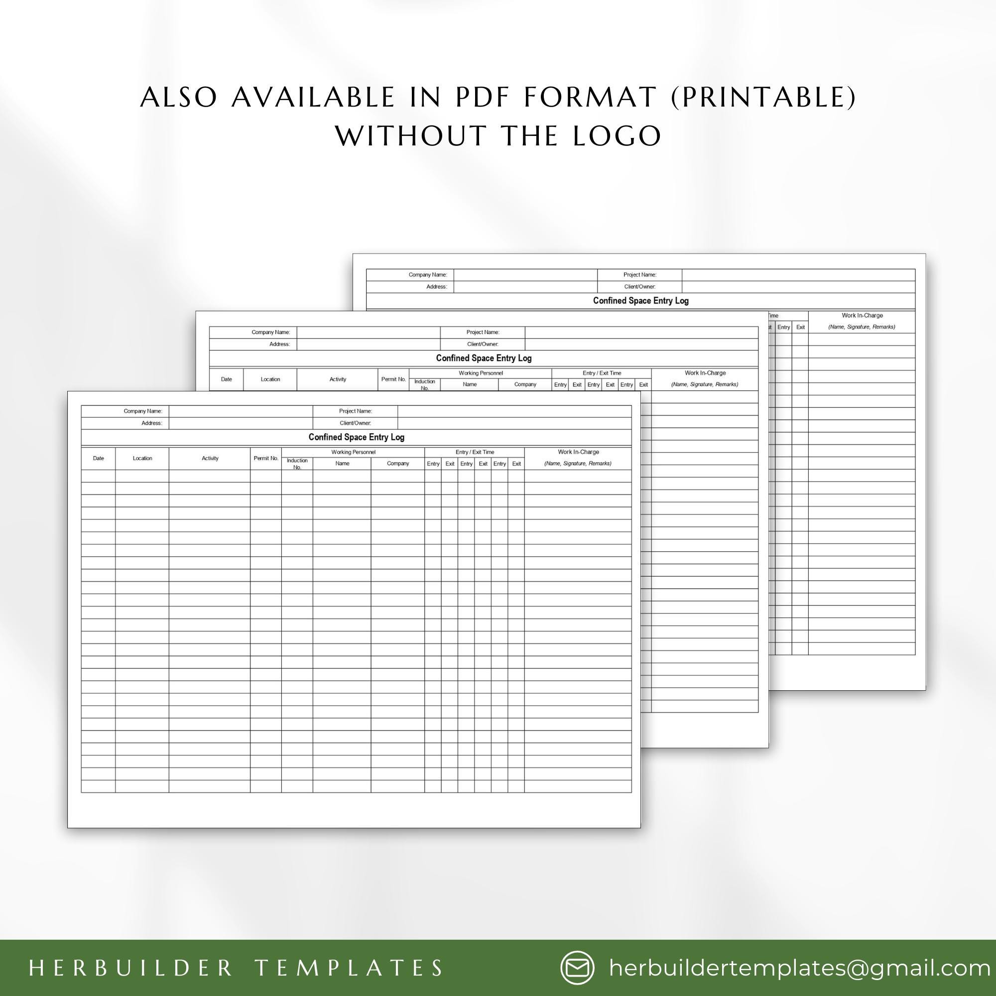 Confined Space Entry Log, Confine Space Entry Register, Log-in and Out ...