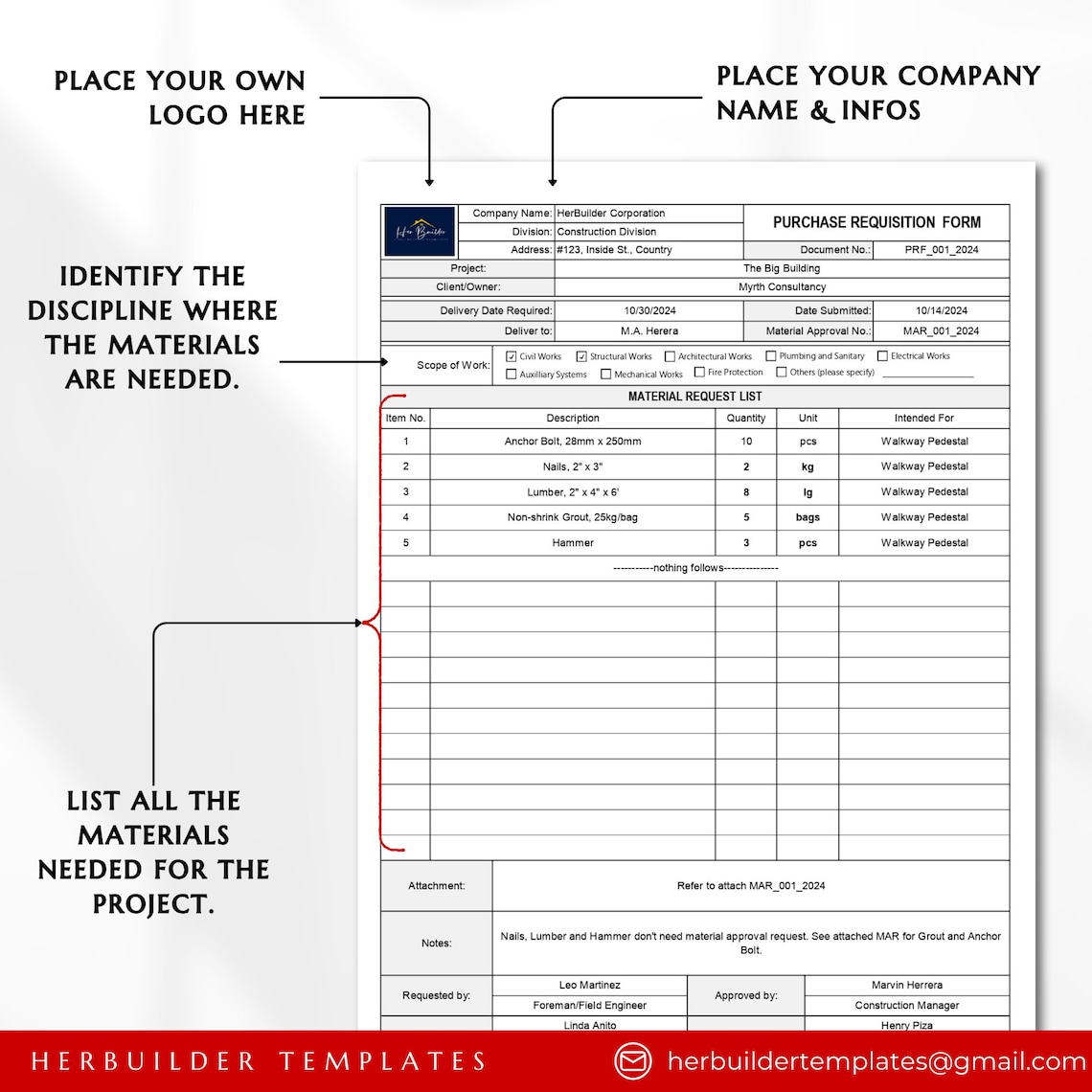 Purchase Requisition Form, Construction Material Request, Project ...