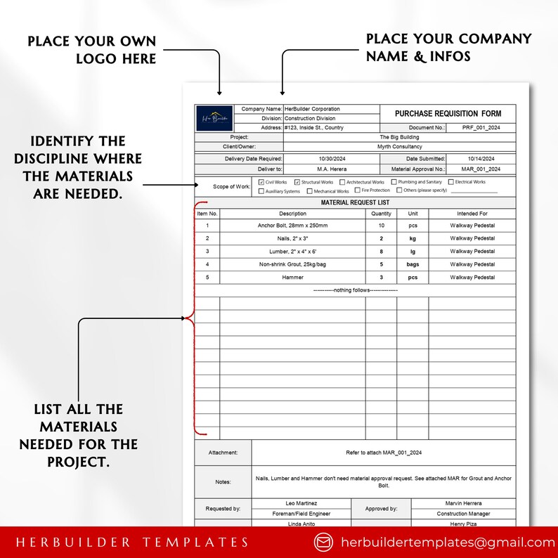 Purchase Requisition Form, Construction Material Request, Project ...