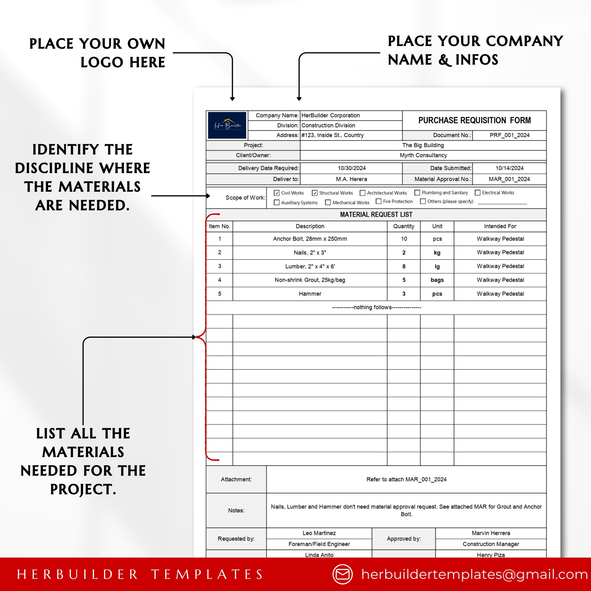 Purchase Requisition Form, Construction Material Request, Project ...