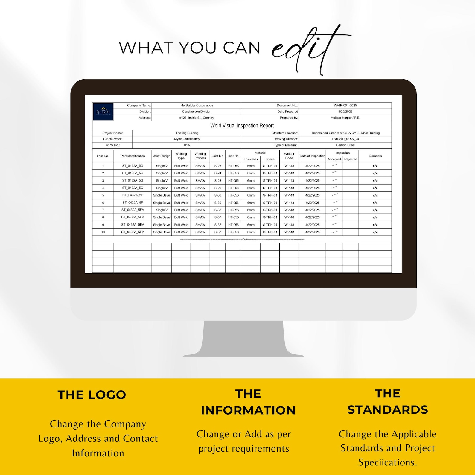 Weld Visual Inspection Report, Weld Report Form, Welding Inspection ...