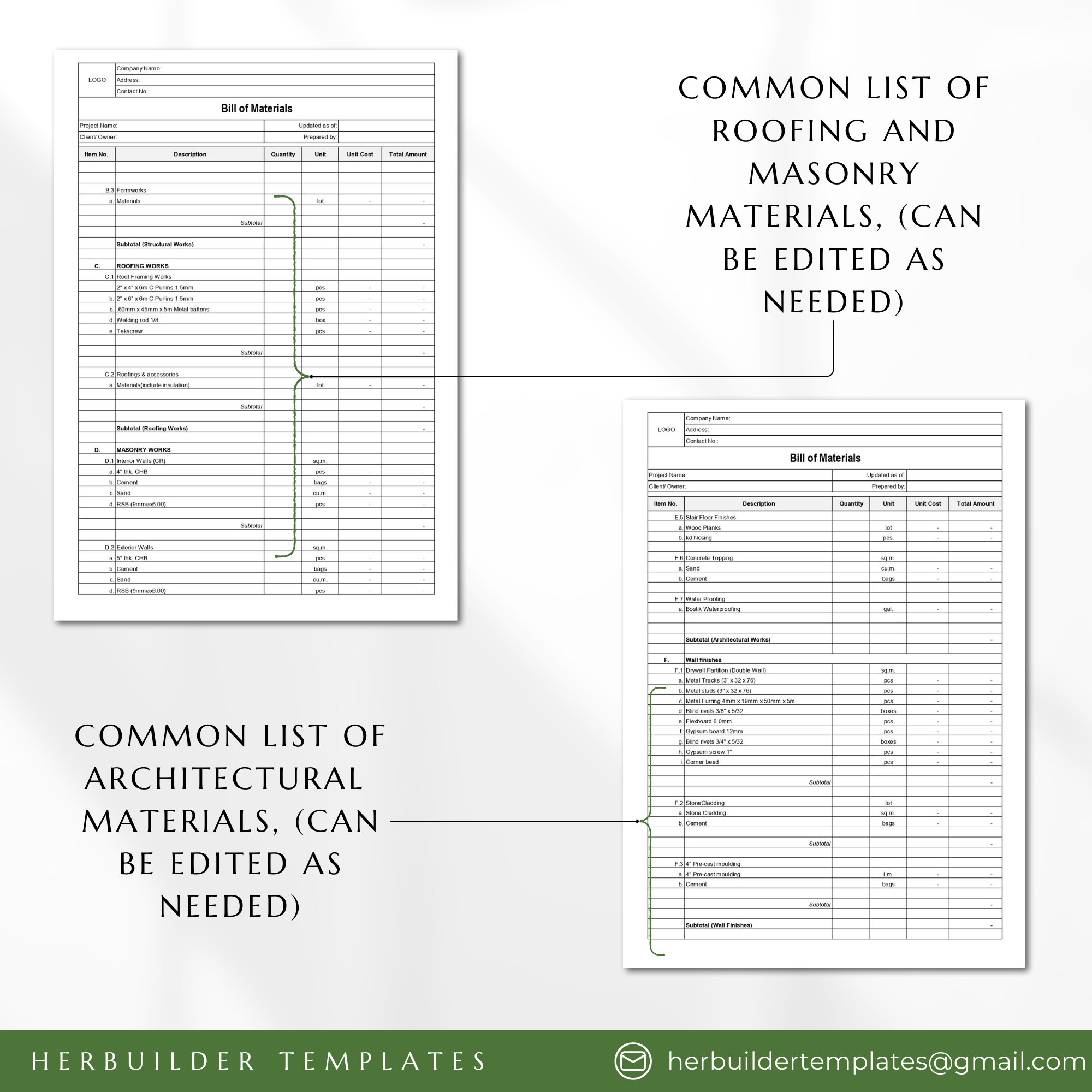 Construction Bill of Materials, Bill of Quantities, Material Quantity ...