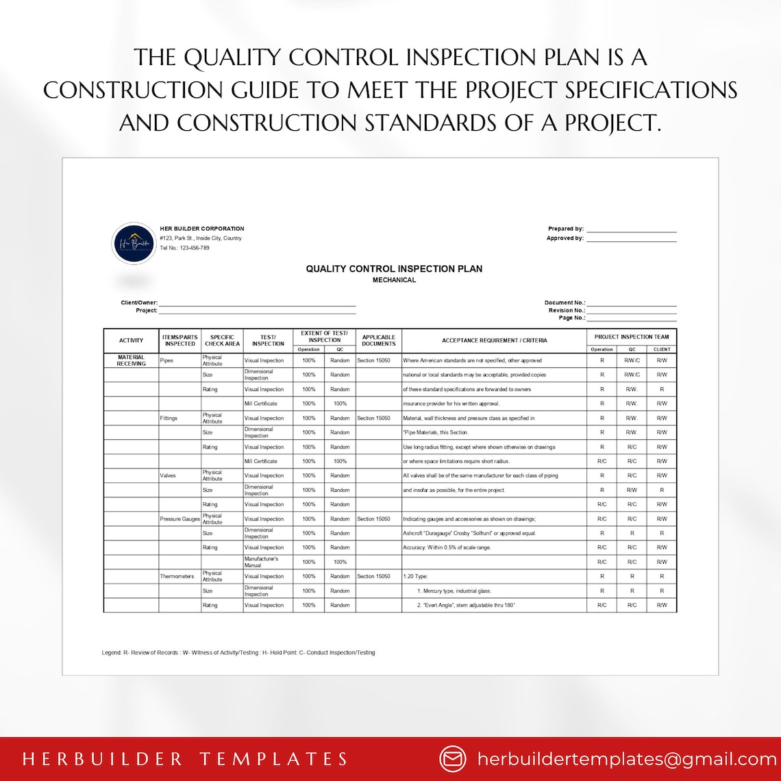 Quality Control Inspection Plan Template for Mechanical Works ...
