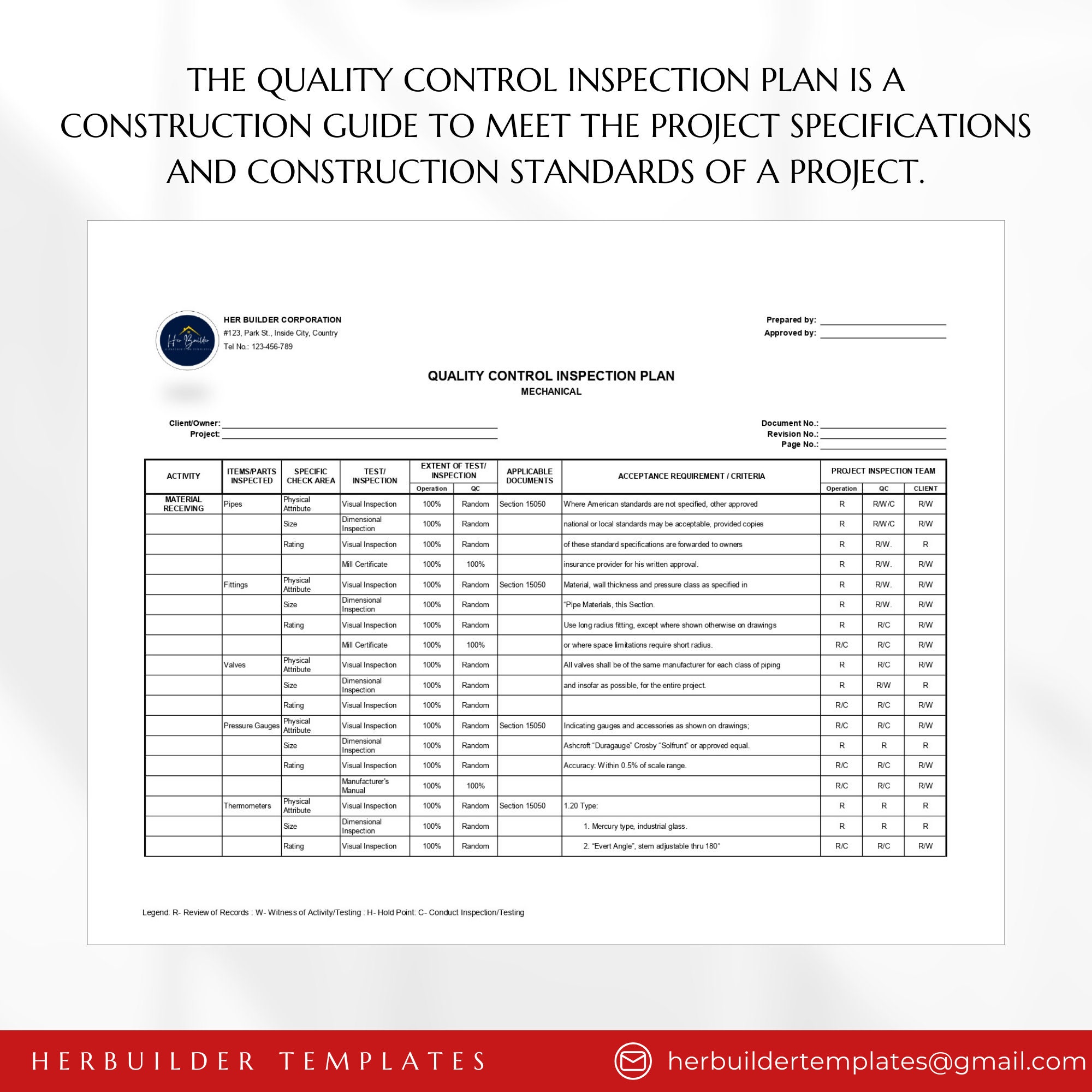 Quality Control Inspection Plan Template for Mechanical Works ...