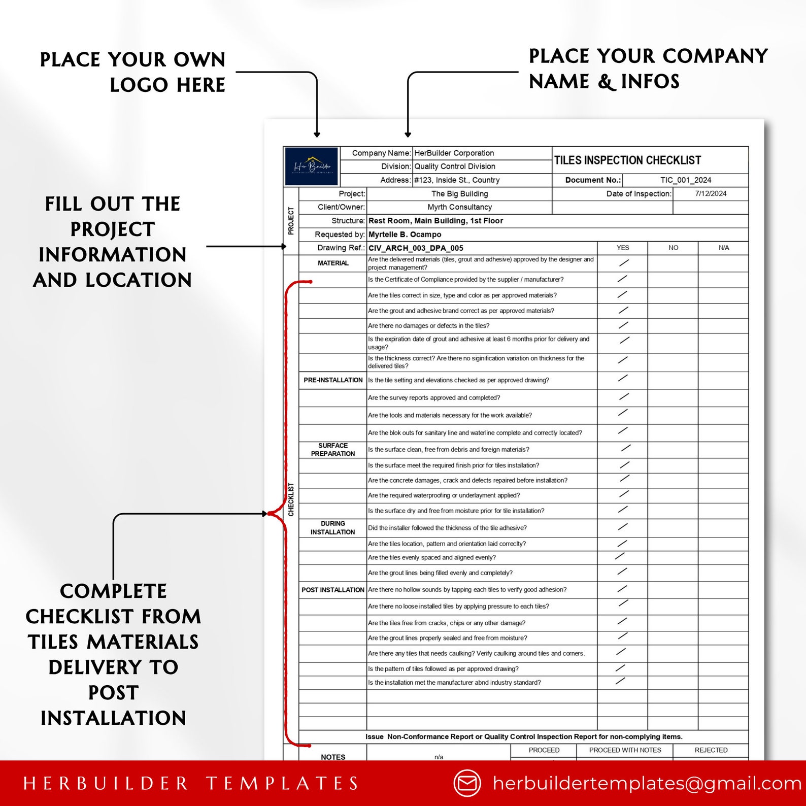 Tiles Inspection Checklist Form, Tiles Installation Inspection, Quality ...