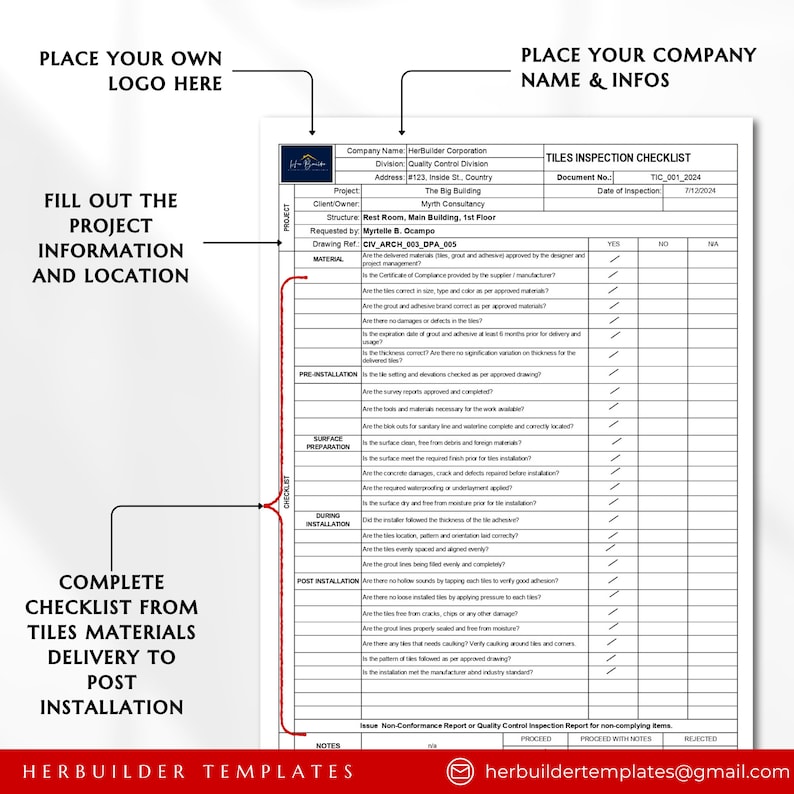 Tiles Inspection Checklist Form, Tiles Installation Inspection, Quality ...