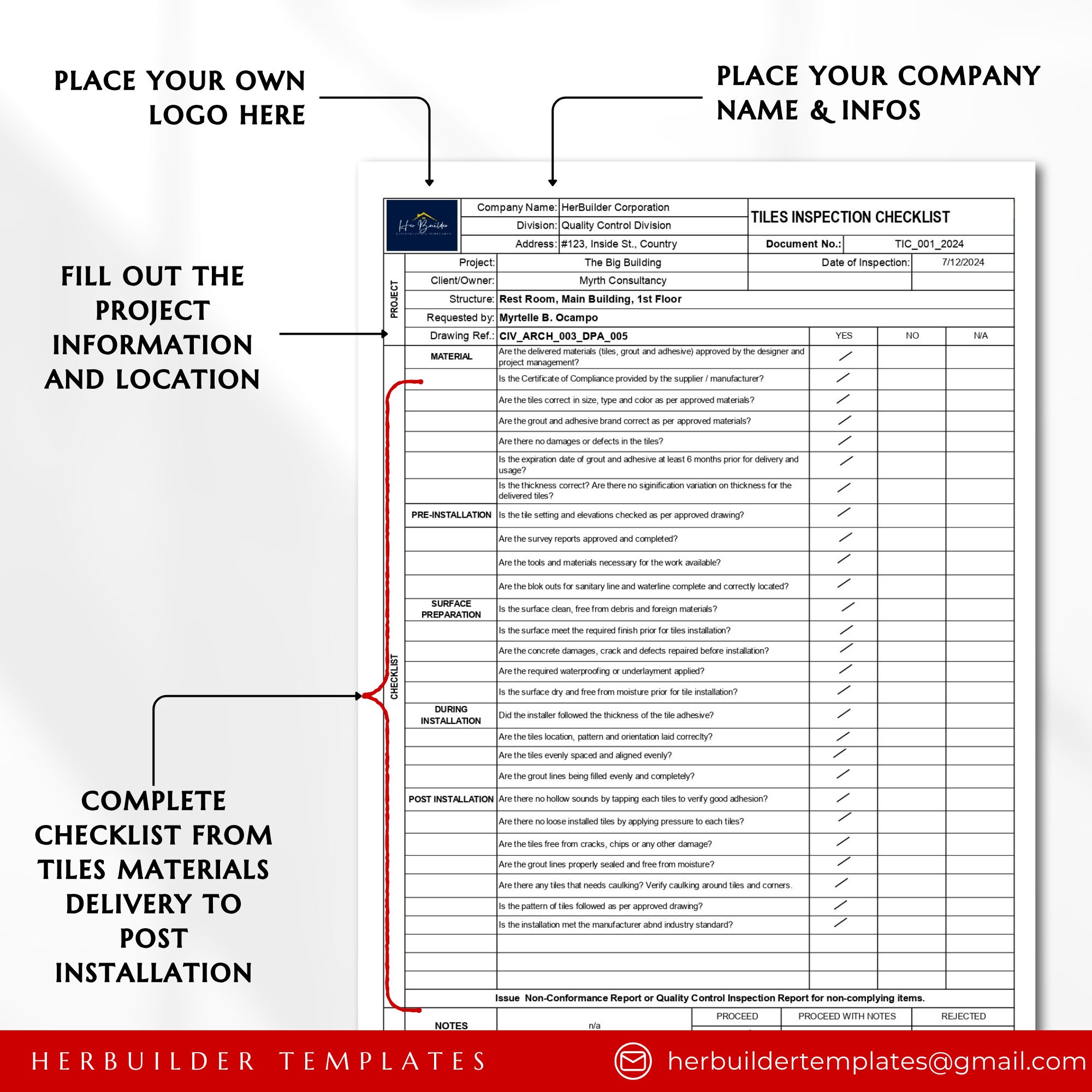 Tiles Inspection Checklist Form, Tiles Installation Inspection, Quality Control Forms, Fit-out ...