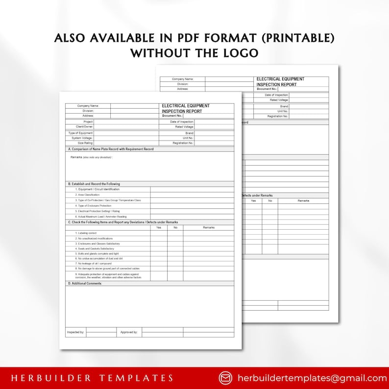 Electrical Equipment Inspection Form, Equipment Test Form, Equipment ...